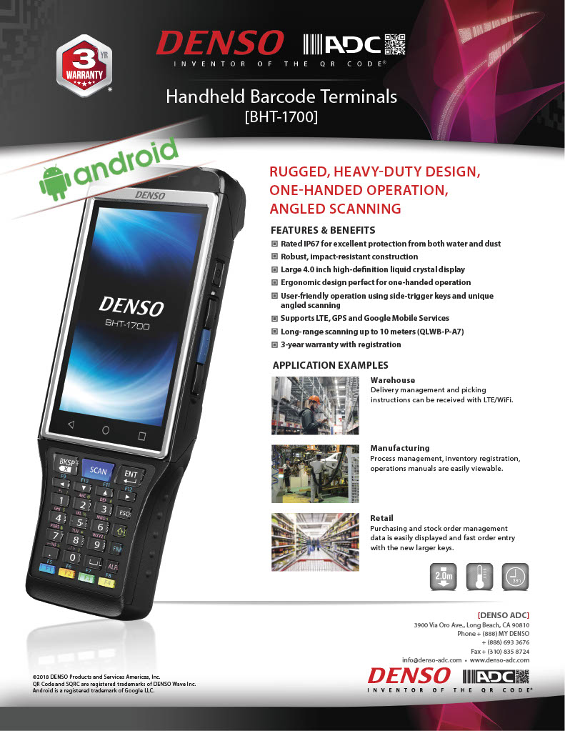 BHT-1700 Product Sheet - Android Terminal - DENSO ADC